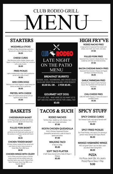 Club Rodeo Menu | Club Rodeo Springfield